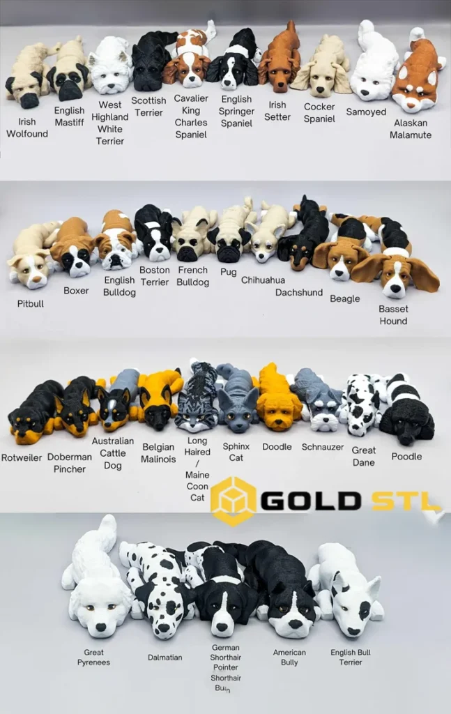 Dogs Articulated Flexi Toy Keychain Pack STL Files - Gold STL